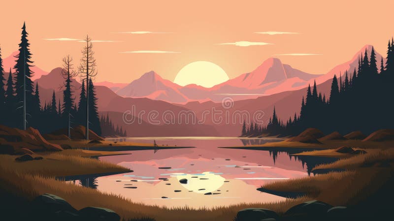 Swamp Scene with Mountains and Lake Stock Illustration - Illustration ...