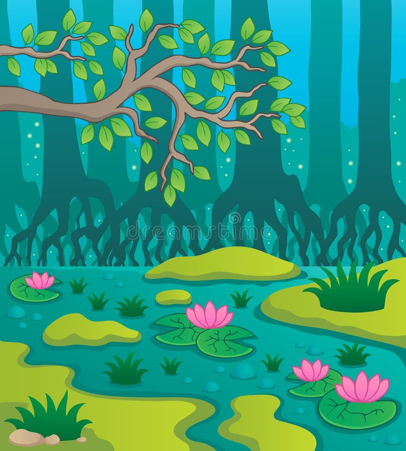 Cartoon pond with lotus stock vector. Illustration of leaf - 11059700