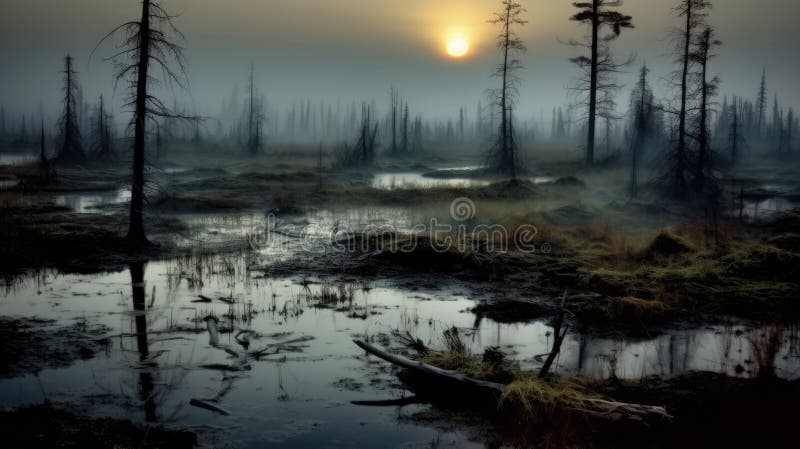 A swamp with trees and fog stock illustration. Illustration of dusk ...
