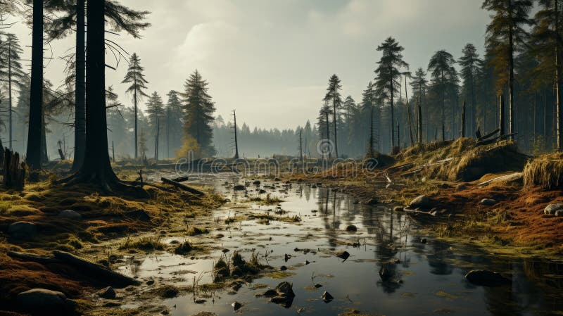 A Swamp with Trees and Fog. Generative AI. Stock Image - Image of ...