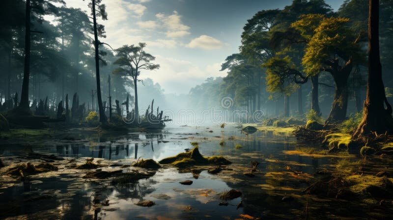 A Swamp with Trees and Fog. Generative AI. Stock Photo - Image of ...