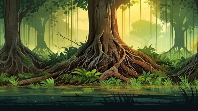 Swamp with Trees and Plants in the Background Stock Illustration ...