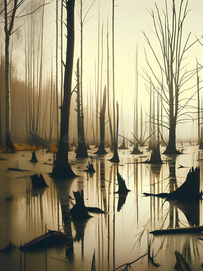 A Swampy Dying Forest with Sparse, Withered Trees with Bare Branches ...