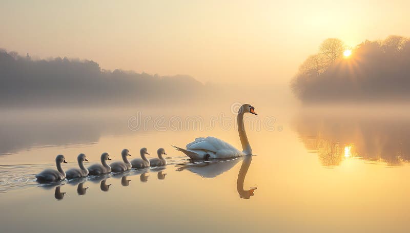 Swan family, AI generated stock illustration. Illustration of baby ...