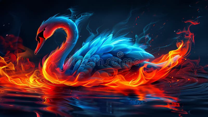 A Swan is Floating in a River, a Magical Creature Made of Fire on Black ...