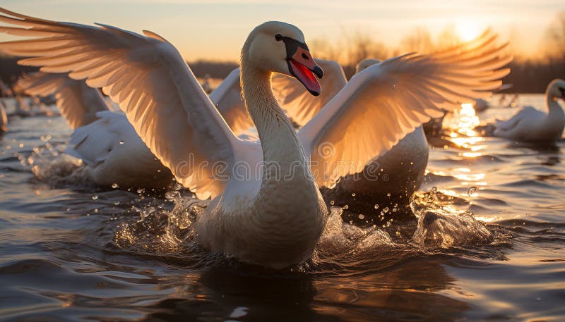 Swan Glides Gracefully on Tranquil Pond, Reflecting Sunset Beauty ...