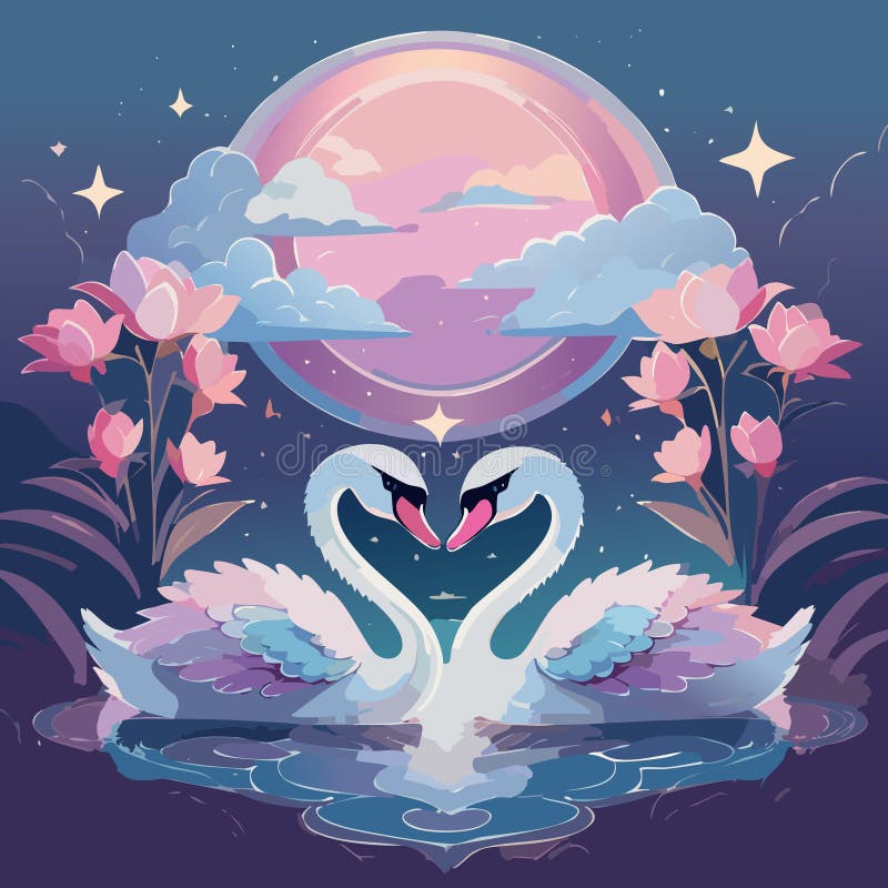 Swan in the Lake with Flowers and Moon Vector Illustration Graphic ...