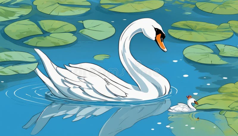 A Swan with Orange Beak and a Baby Swan in the Water Stock Illustration ...