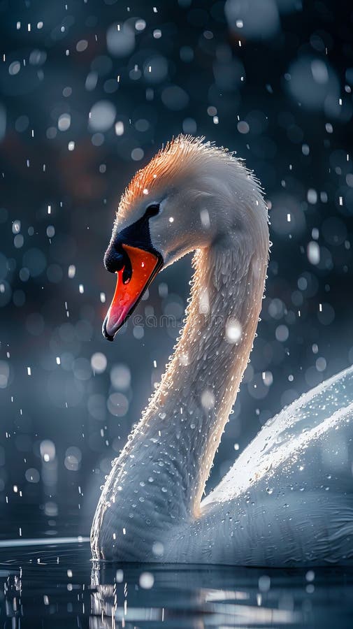 A Swan Swimming in the Water with Snow Falling Stock Photo - Image of ...