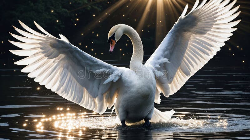 A Swan with Wings Outstretched in the Air with the Sun Shining Behind ...