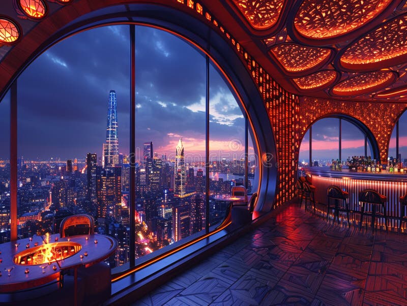 Swanky Rooftop Bar with Panoramic City Views and Luxe Decor3D Render ...