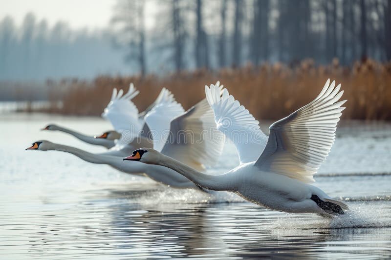 Swans Fly with Their Colonies. Generative AI Stock Illustration ...