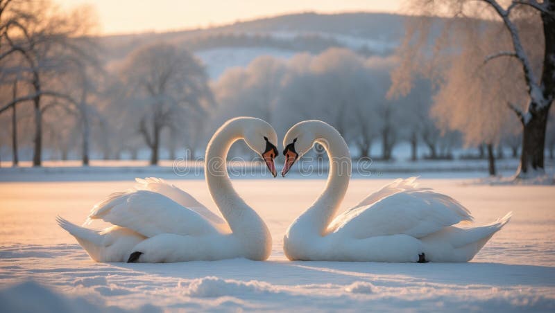 Swans Form Heart Shape at Sunset in Snowy Park. Stock Photo - Image of ...