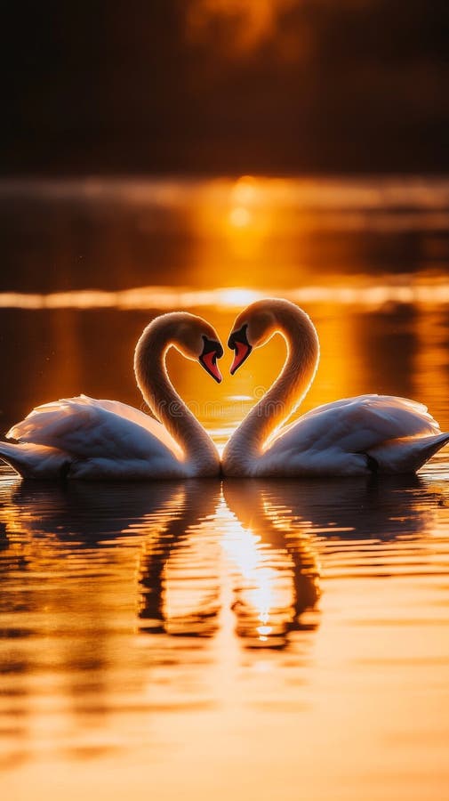 Swans Forming Heart Shape on Lake at Sunset, Romantic Nature Scene ...