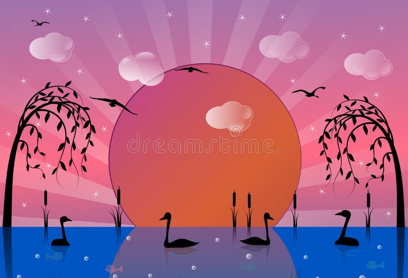 Swans at sunset stock illustration. Illustration of quiet - 40709089