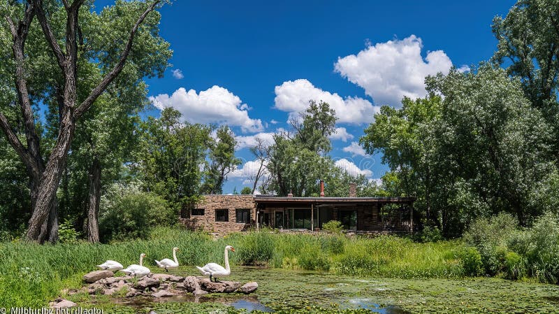 Swans Swim by Riverside Home, Summer Day Stock Photo - Image of ...