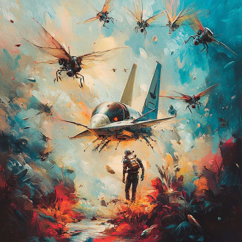 Swarm of Alien Drones Surrounding a Sleek Human Spaceship Stock ...