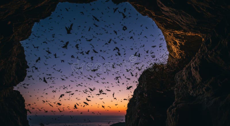 A Swarm of Bats Emerging from a Cave at Sunset Stock Illustration ...