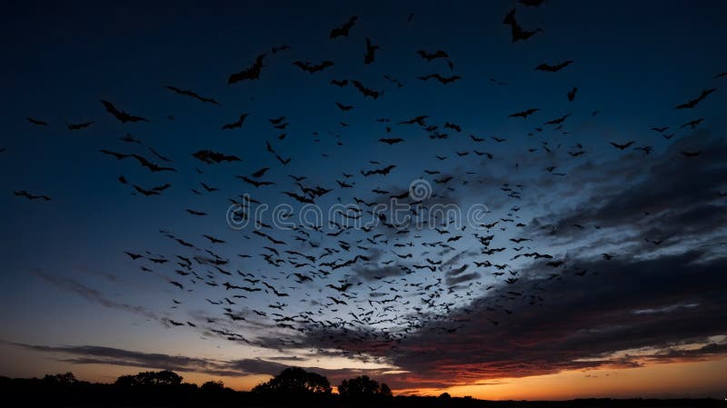 Swarm of Bats in Flight Under a Twilight Sky Stock Image - Image of ...