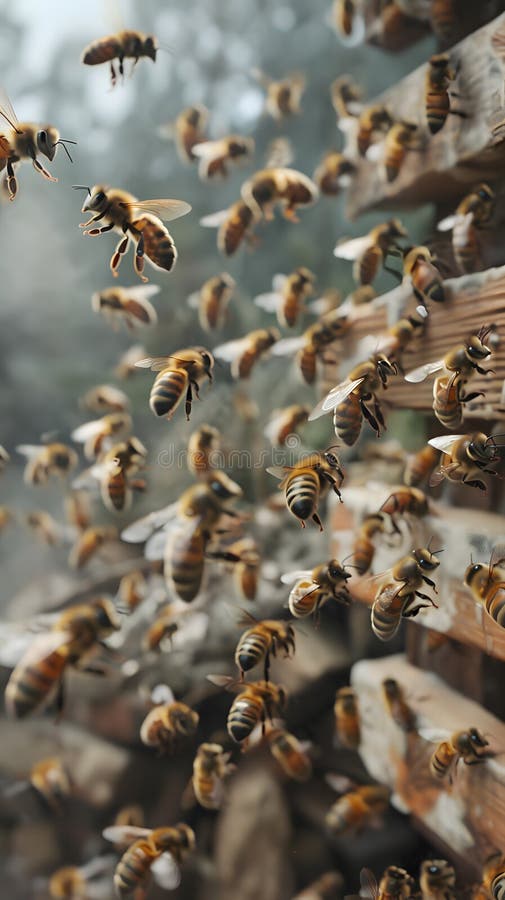 Swarm of Bees Circling a Beehive, Exhibiting Insect Behavior Stock ...