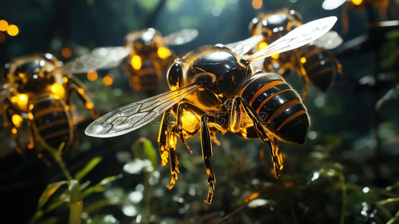 A Swarm of Bees Flying in a Dark Forest with Light Reflecting Off Their ...
