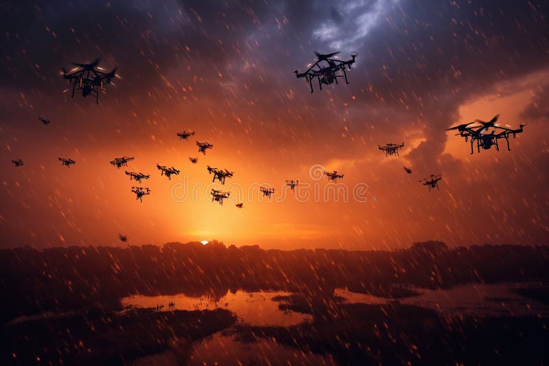Swarm of DJI Drones Flying in Dusk Sky Amid Rainfall Stock Illustration ... Swarm of DJI Drones Flying in Dusk Sky Amid Rainfall Stock Illustration ...