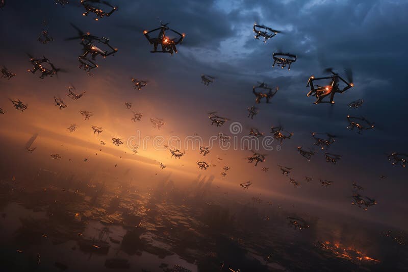 Swarm of DJI Drones Flying Over City at Dusk Stock Illustration ... Swarm of DJI Drones Flying Over City at Dusk Stock Illustration ...