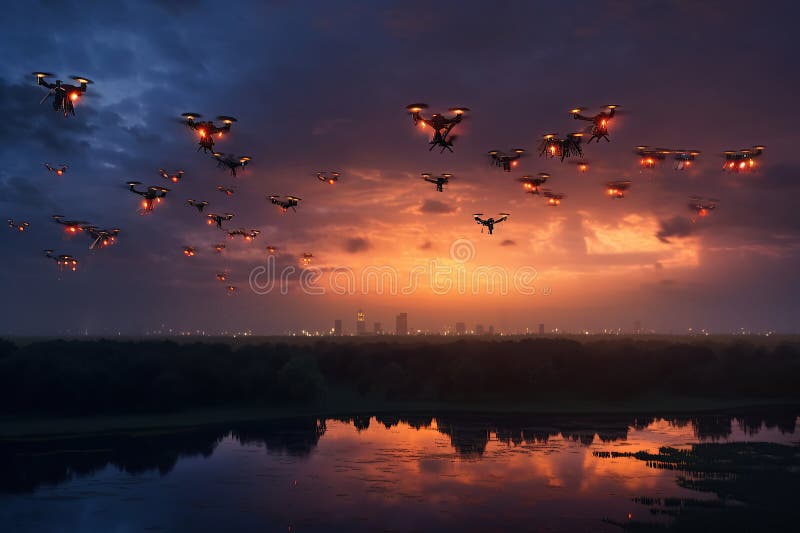 Swarm of Drones Flying at Dusk Over a City Skyline Stock Illustration ... Swarm of Drones Flying at Dusk Over a City Skyline Stock Illustration ...