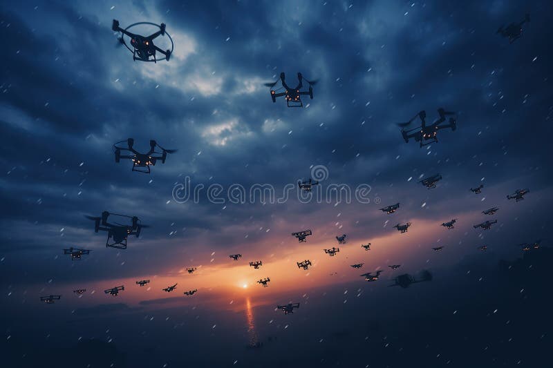 Swarm of Drones Flying Over Ocean during Dramatic Sunset Stock ...
