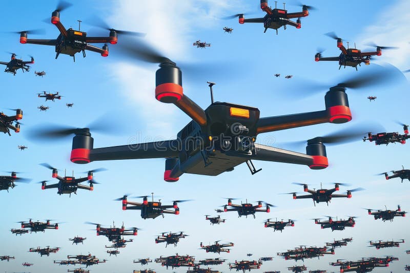 Swarm of Drones Flying Over an Open Landscape during Daytime for ...