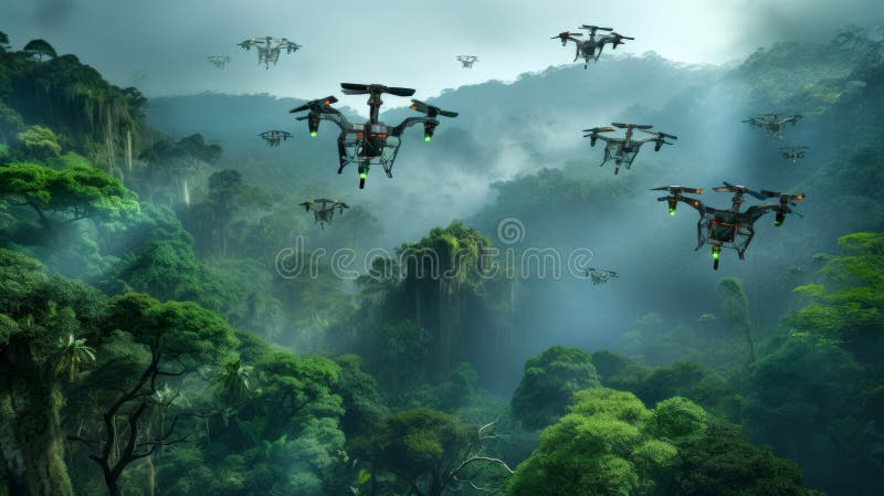 Swarm of Drones Flying Over the Jungle. Stock Illustration ...