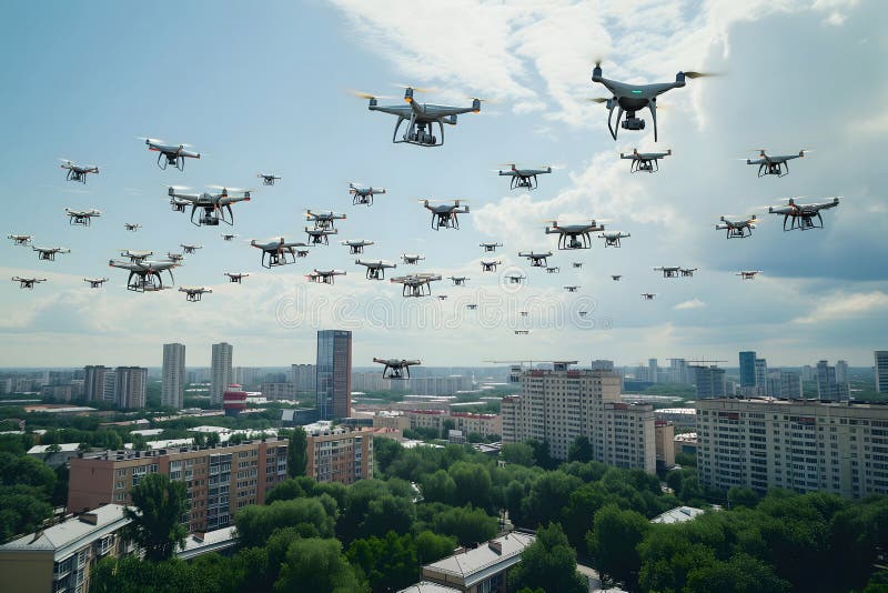 Swarm of Drones Over City at Summer Morning Stock Photo - Image of ...