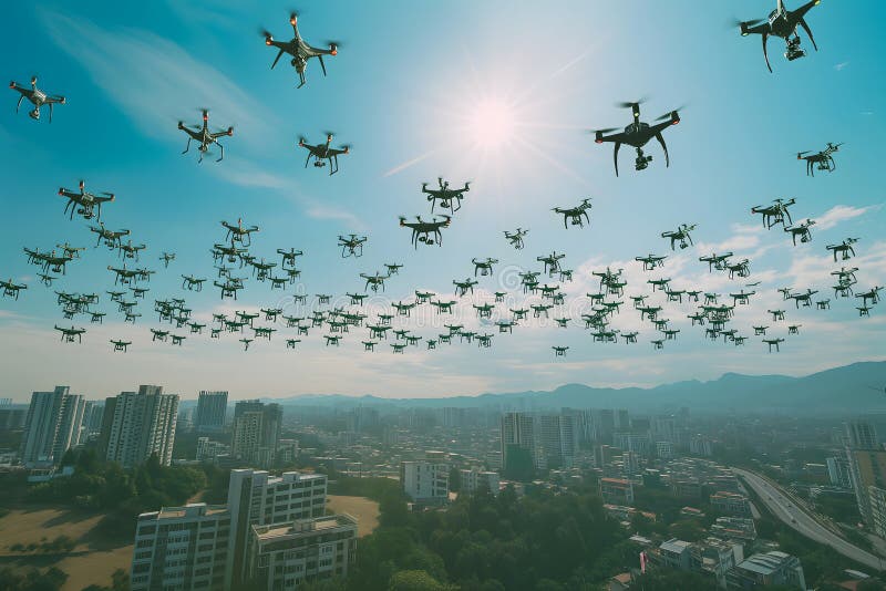 Swarm of Drones Over City at Summer Morning Stock Photo - Image of ...