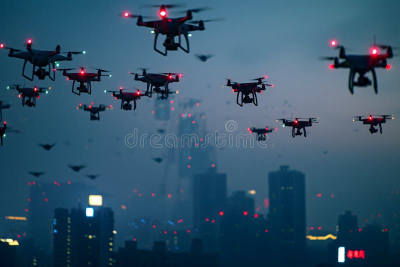 Swarm of Drones Over City at Summer Night Stock Illustration ...