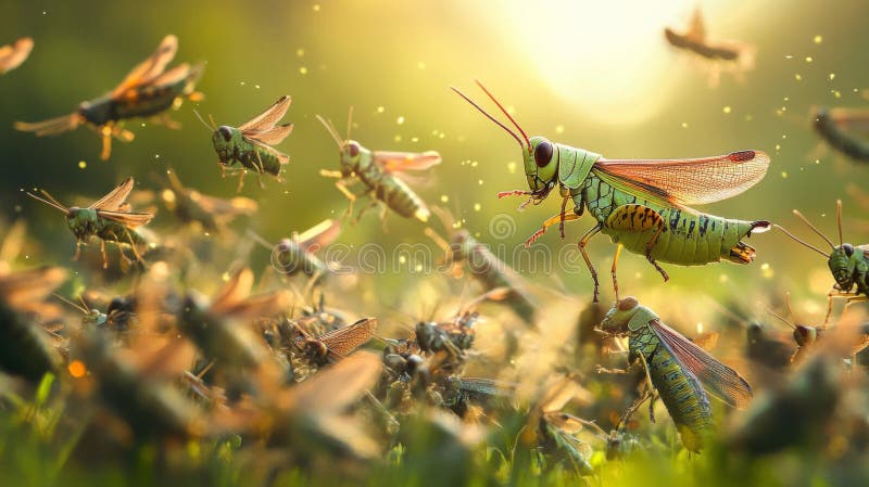 A Swarm of Grasshoppers in Flight during Golden Hour Stock Illustration ...