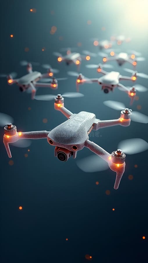 Swarm Group of Flying Quadcopter Drones Futuristic Robot Technology ...