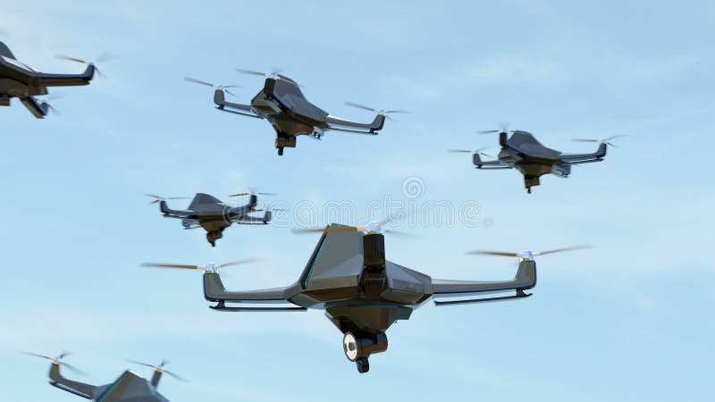 Swarm of Security Drones with Surveillance Camera Flying in the Sky ...