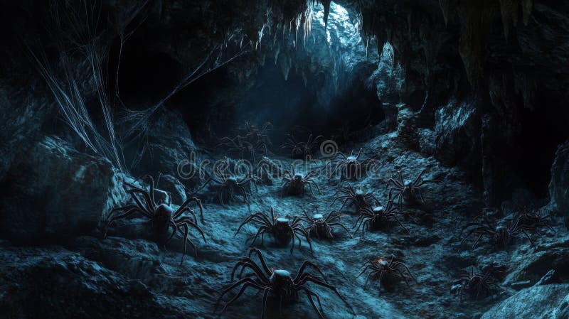 A Swarm of Spiders in a Dark Cave Stock Illustration - Illustration of ...