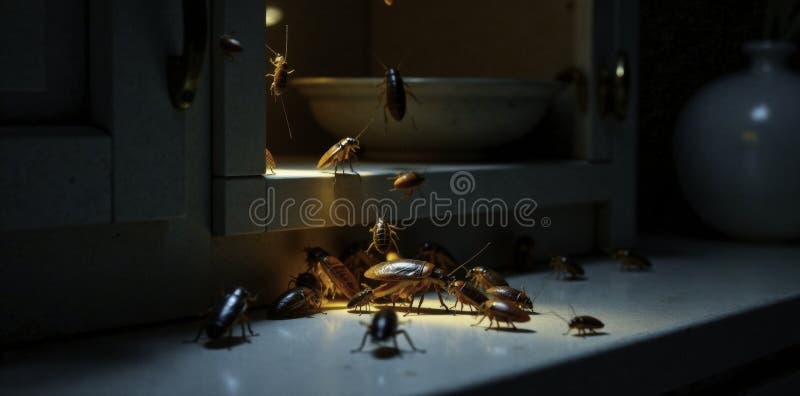 Swarming Cockroaches in Kitchen Cabinets at Night, Cabinet, Darkness ...