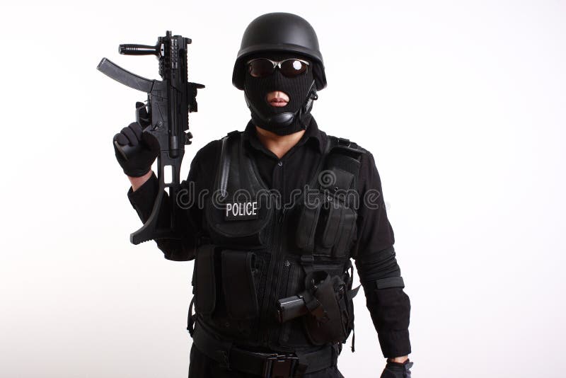 Police SWAT Officer with Machine Gun Stock Photo - Image of danger ...
