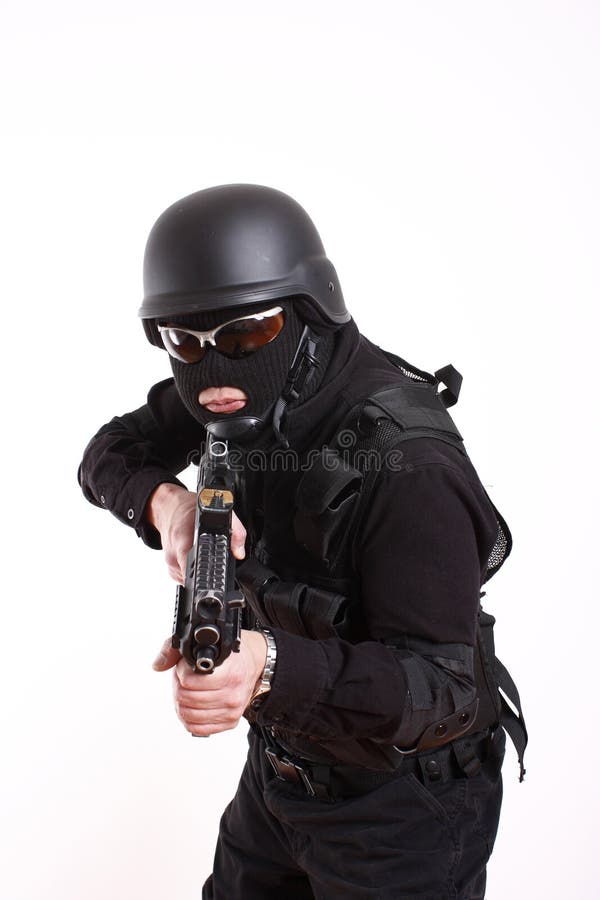 Swat Police Officer Pointing a Gun at the Camera, Isolated on White ...