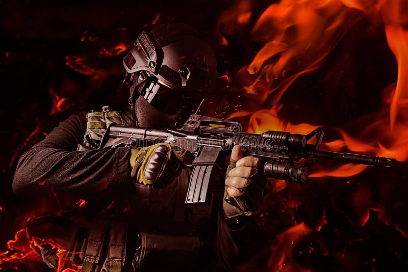 Swat Soldier Aiming in Fire. Stock Image - Image of paintball, armor ...