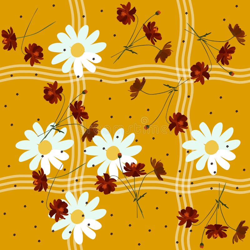 Swatch with Daisy and Cosmos Flowers on Orange Background with Abstract ...