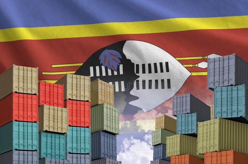 Swaziland Flag and Big Stack of Shipping Cargo Containers in Docks with ...