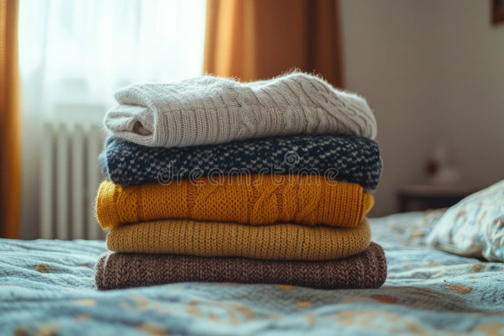 Sweaters on Bed stock image. Image of home, woolen, warm - 379934135