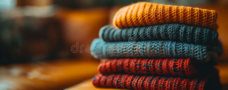 Sweaters Stack in Warm Lighting Scene Stock Image - Image of textile ...