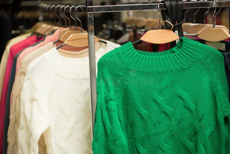 Sweaters, Sweatshirts on Retail Shop Rack. Store Stock Photo - Image of ...