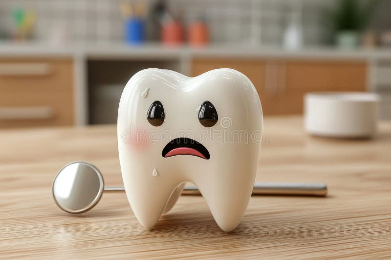 Sweating Cartoon Tooth Suffering from Dental Problem with Dental Mirror ...