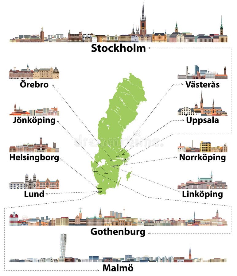 Sweden Map with Main Cities on it and Skylines Detailed Illustrations ...