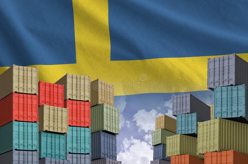 Sweden Flag and Big Stack of Shipping Cargo Containers in Docks with ...